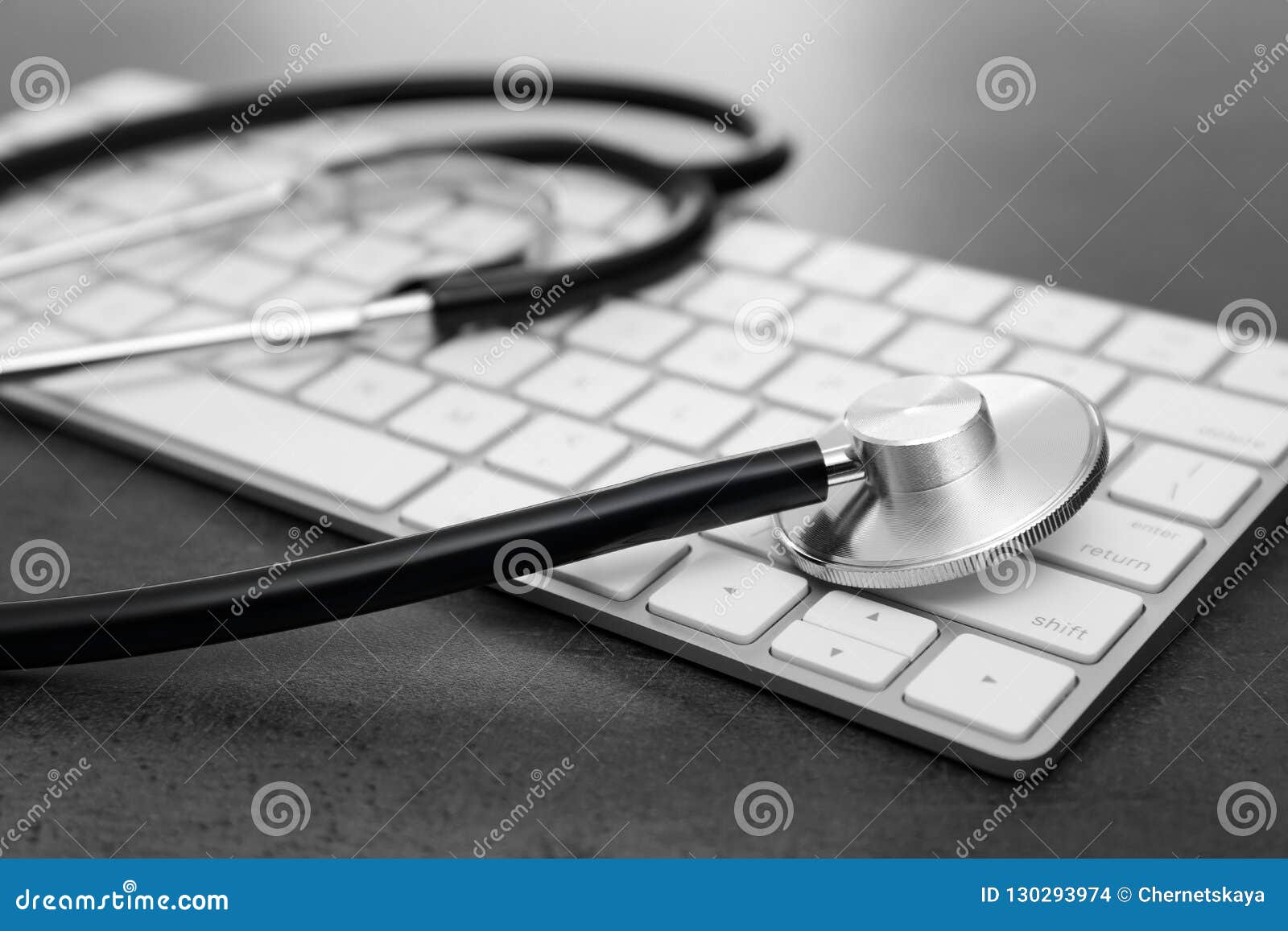 Keyboard And Stethoscope On Grey Stone Table, Top View. Concept Of ...