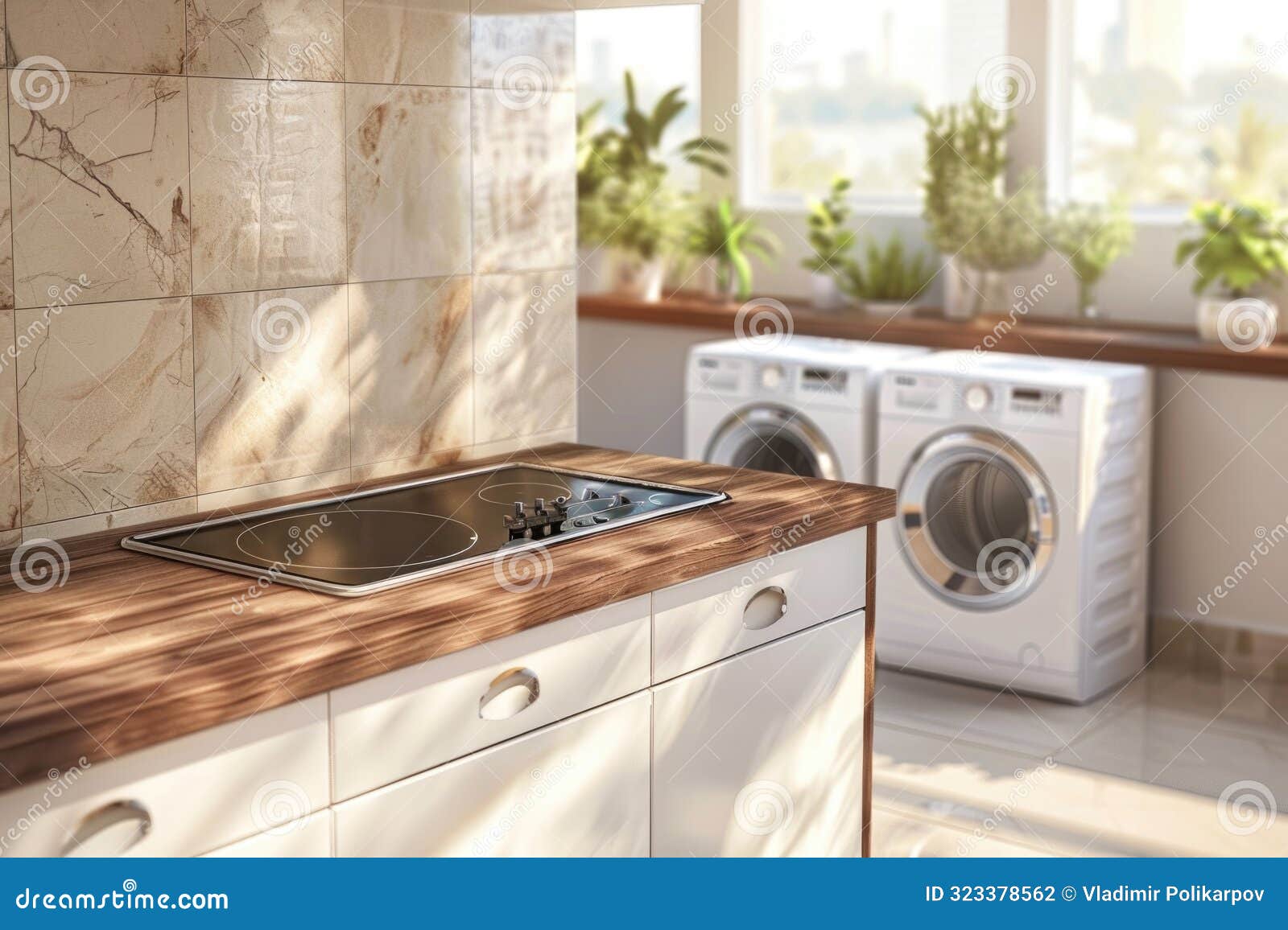 A Modern Kitchen with Appliances Installed on Walls, Featuring a Washer ...