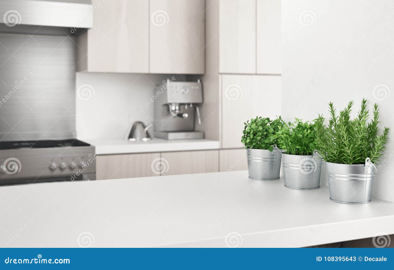 Modern Kitchen with Aromatic Plants, 3d Render Illustration Stock Image ...