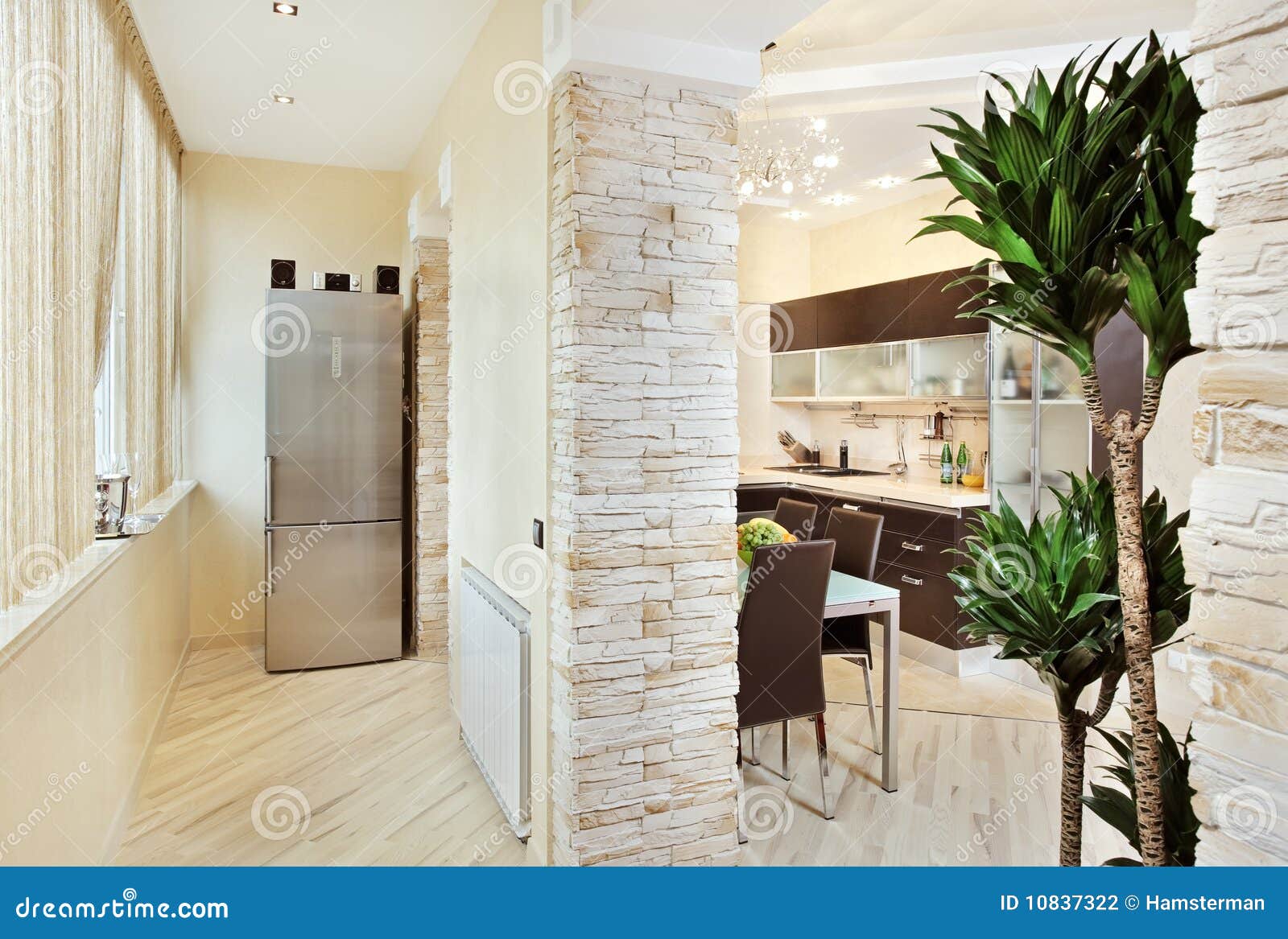 Modern Kitchen and Balcony Interior Stock Photo - Image of chandelier ...