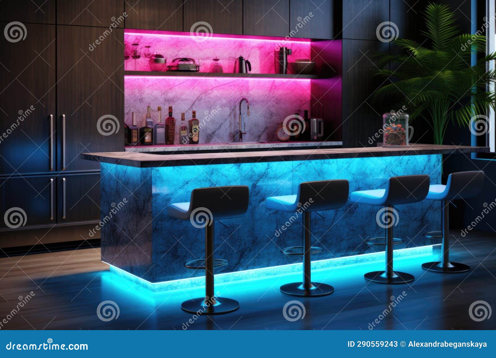 Modern Kitchen with a Bar Counter and Neon Lighting Stock Illustration ...