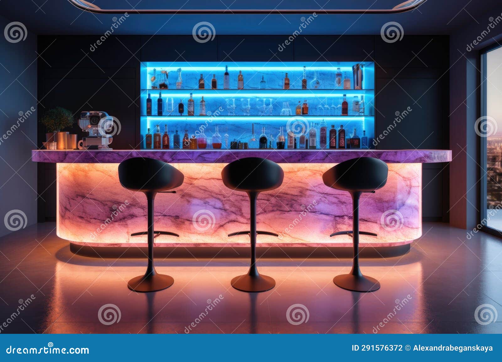 Modern Kitchen with a Bar Counter and Neon Lighting Stock Illustration ...