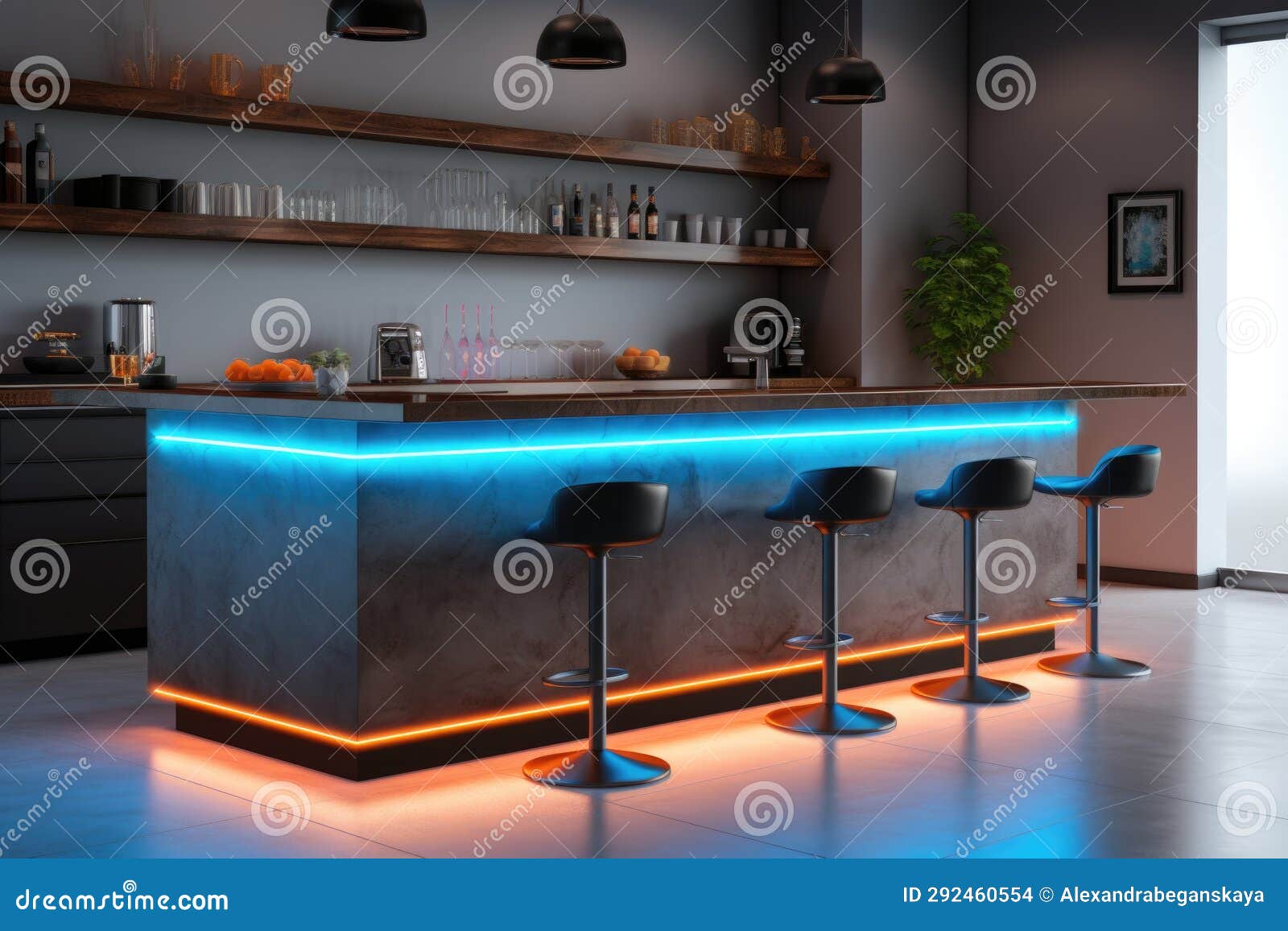 Modern Kitchen with a Bar Counter and Neon Lighting Stock Illustration ...