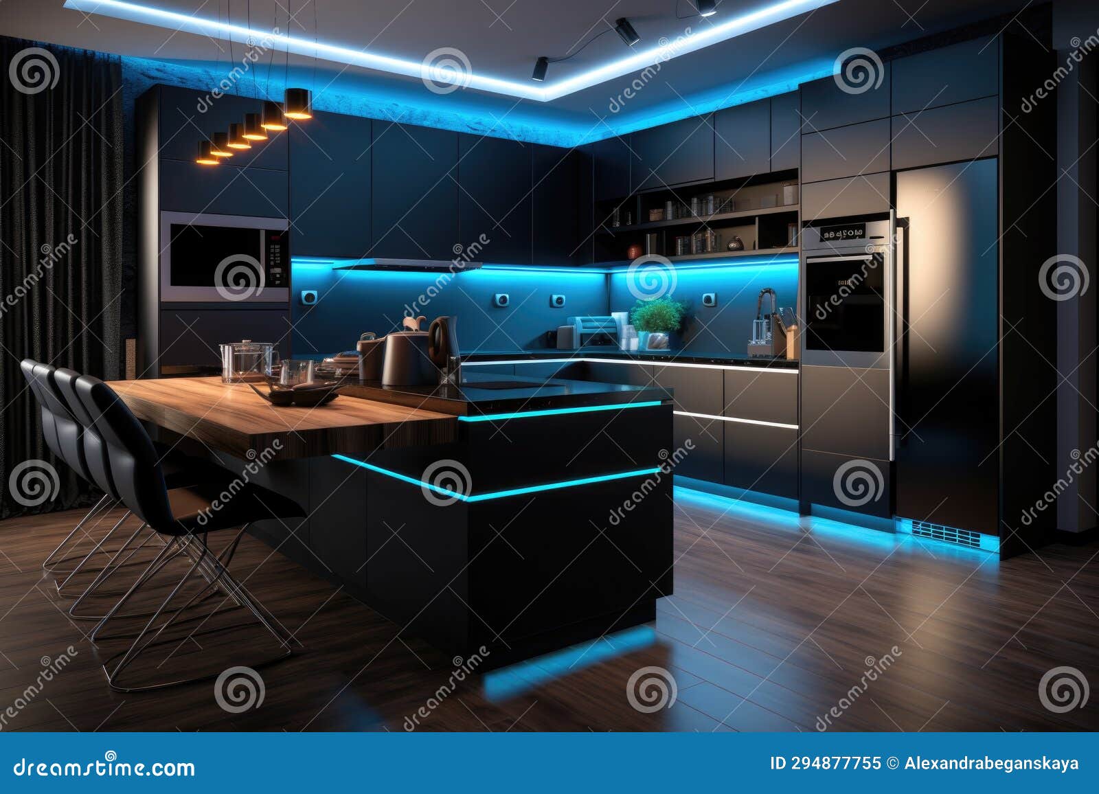 Modern Kitchen with a Bar Counter and Neon Lighting Stock Illustration ...