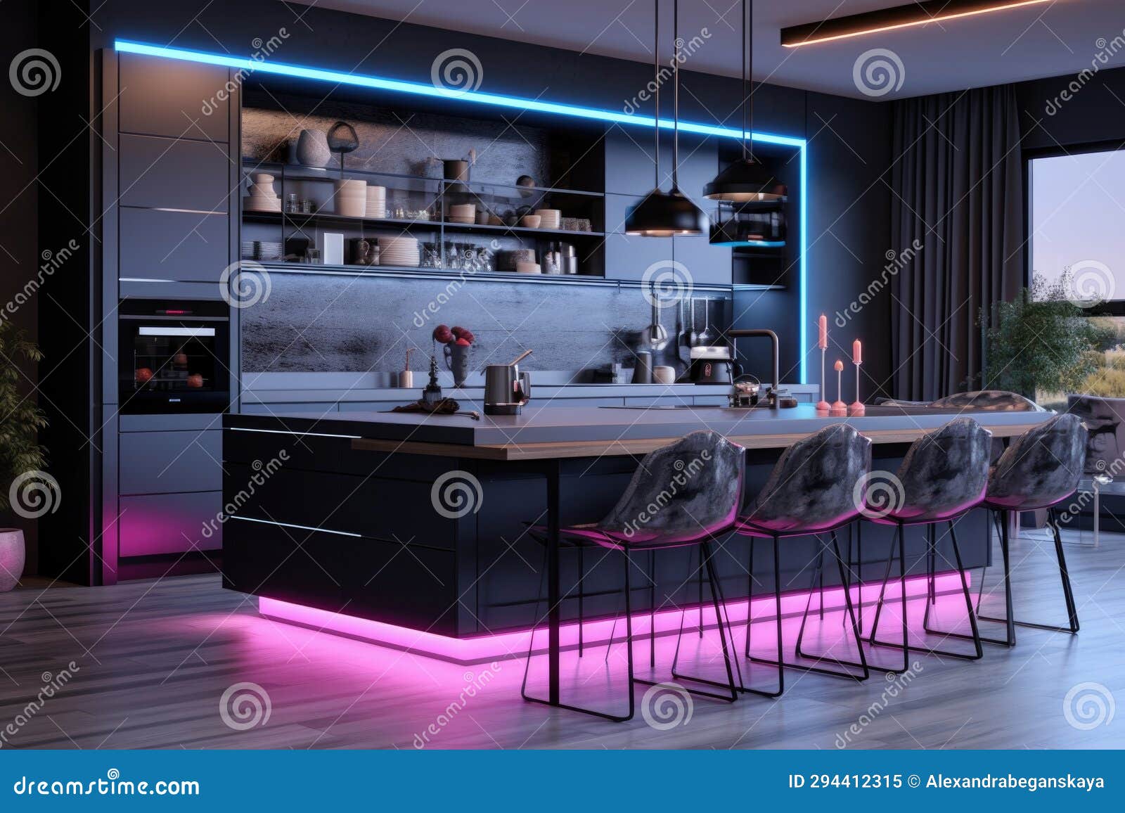 Modern Kitchen with a Bar Counter and Neon Lighting Stock Illustration ...