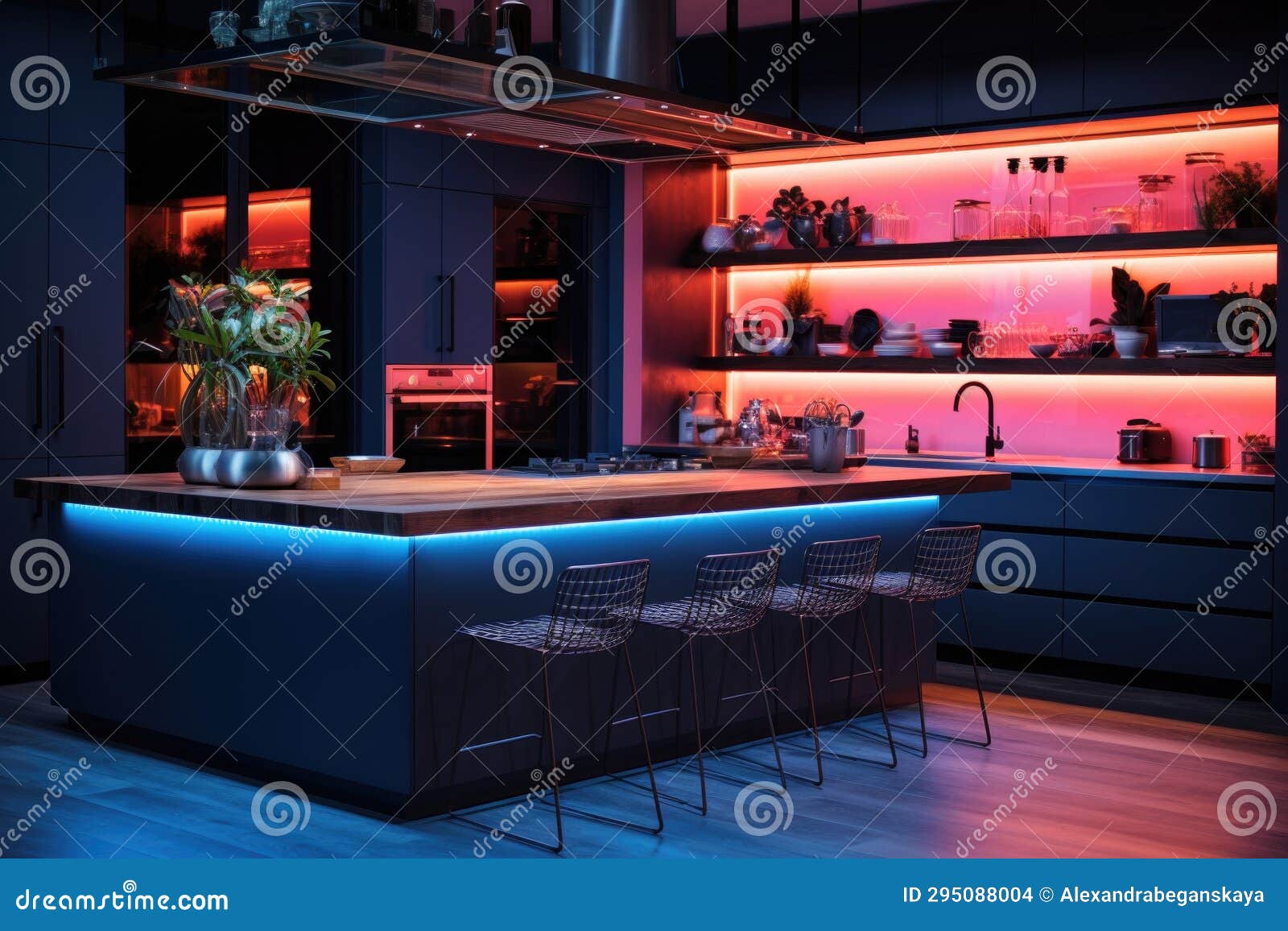 Modern Kitchen with a Bar Counter and Neon Lighting Stock Illustration ...