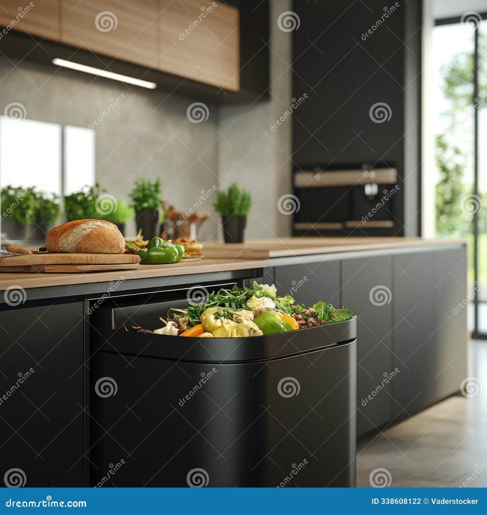 Modern Kitchen with Black Cabinetry and a Pull-Out Compost Bin Stock ...