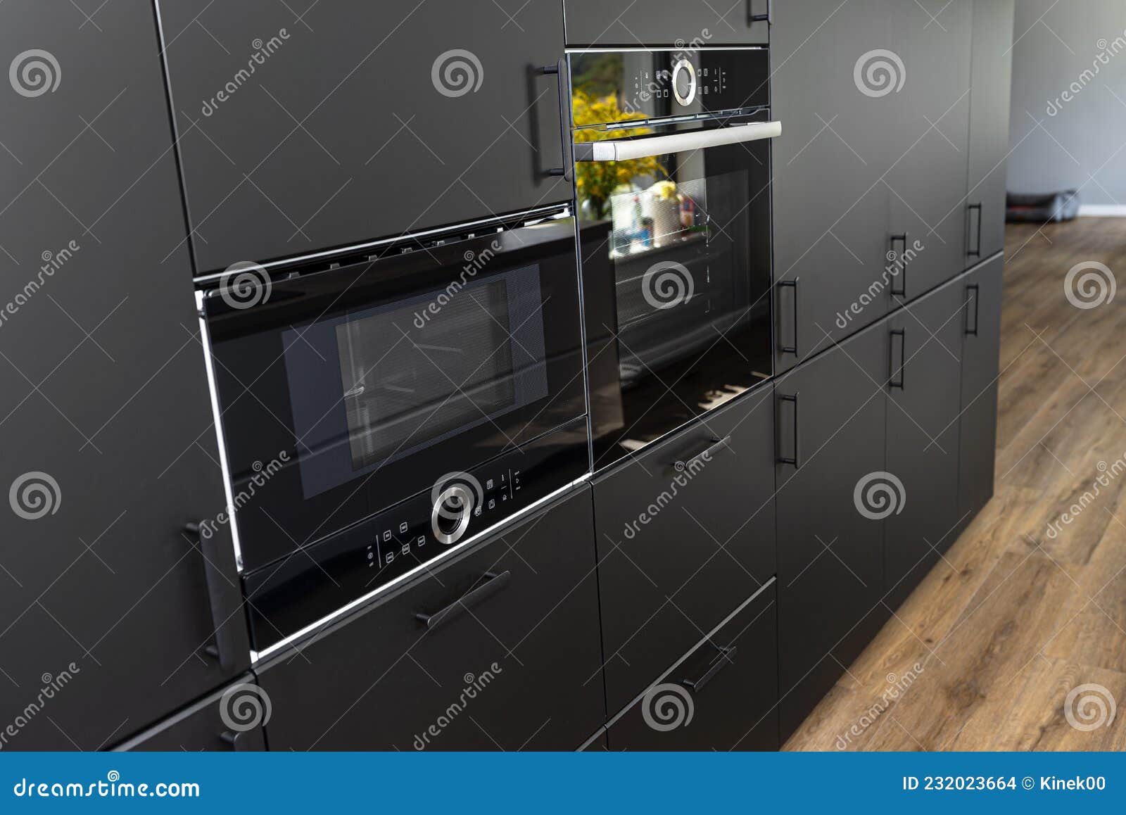 Modern Kitchen with Black Fronts, Built in Oven and Microwave, Vinyl ...