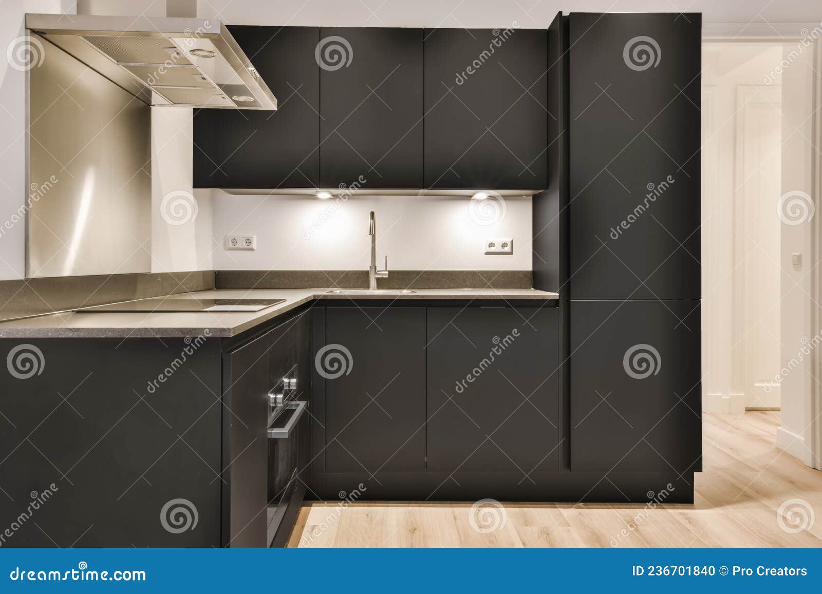 Modern Kitchen with Black Kitchen Unit Stock Photo - Image of faucet ...