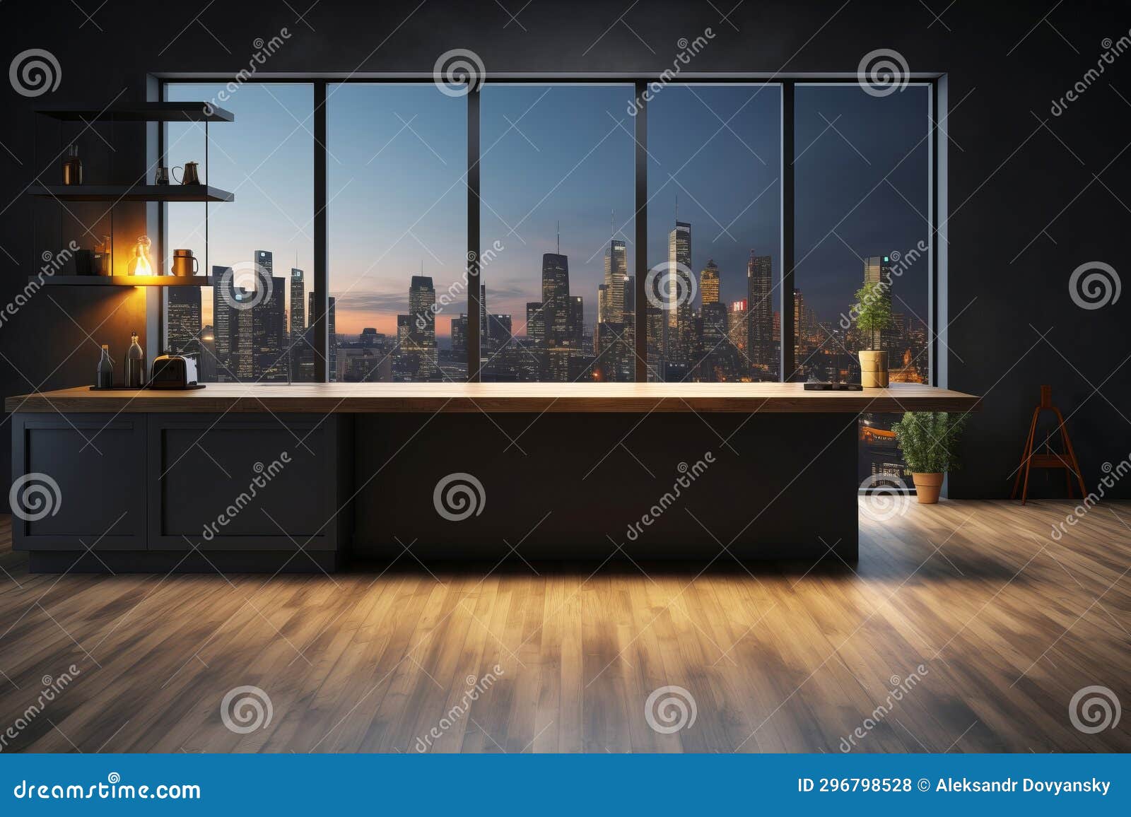 Modern Kitchen with Black Walls, a Large Table and a Window Overlooking ...