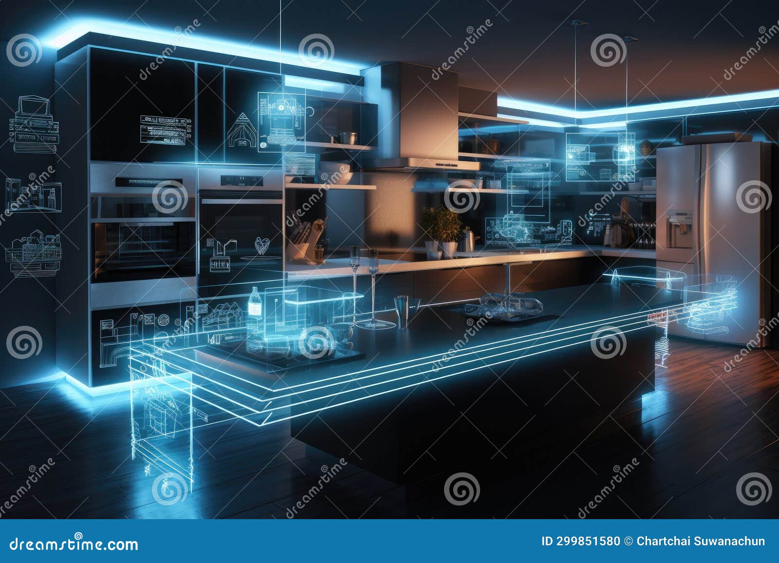 Modern Kitchen with Black and White Counter and Glass Doors. Inside a ...