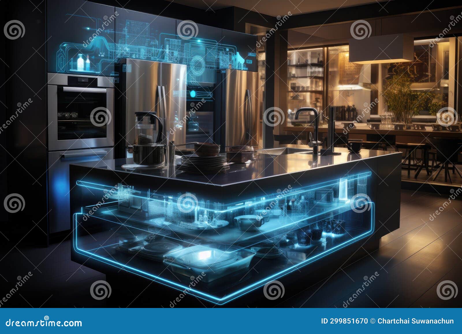 Modern Kitchen with Black and White Counter and Glass Doors. Inside a ...