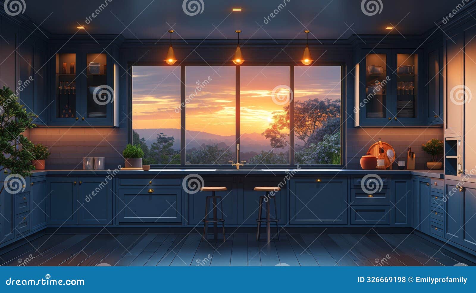 Modern Kitchen with Sunset View and Wooden Floor Stock Photo - Image of ...