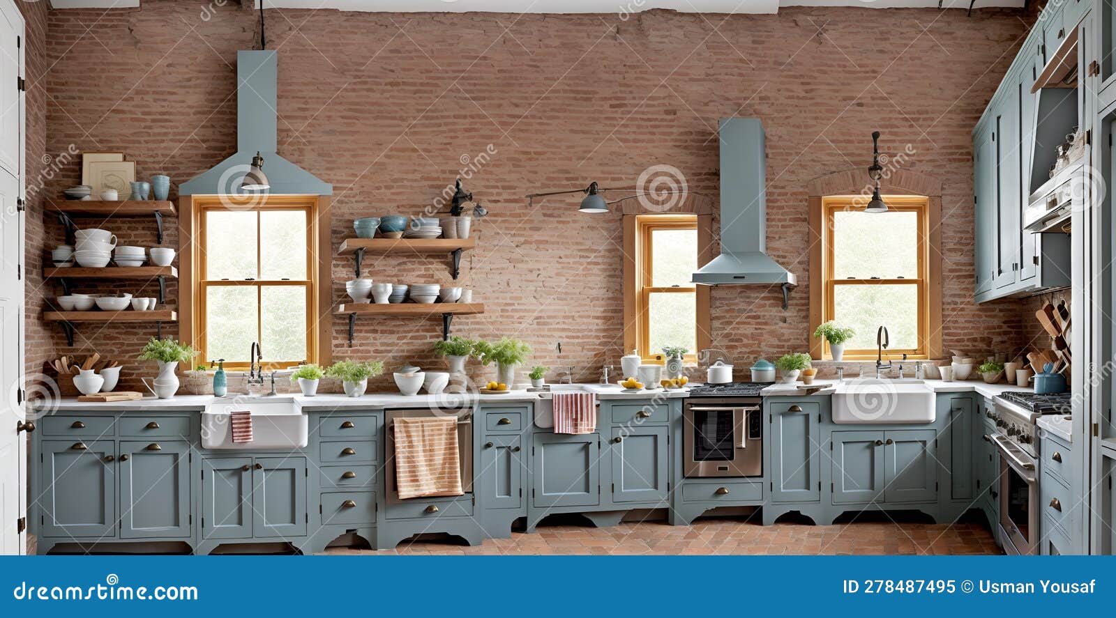 A Kitchen with Blue Cabinets and a Brick Wall Created with Generative ...