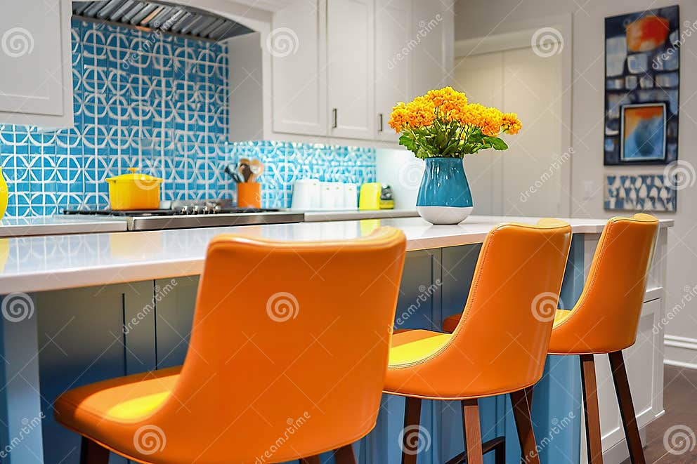 Modern Kitchen with Bold Colors and Bright Accents Stock Photo - Image ...
