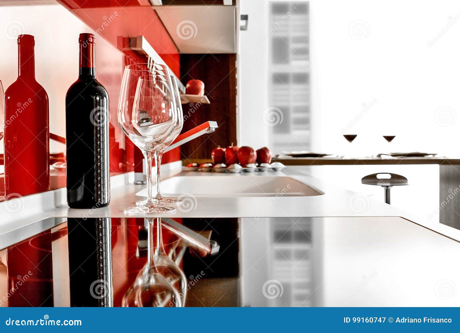 Modern Kitchen with Bottle and Goblets Stock Image - Image of window ...