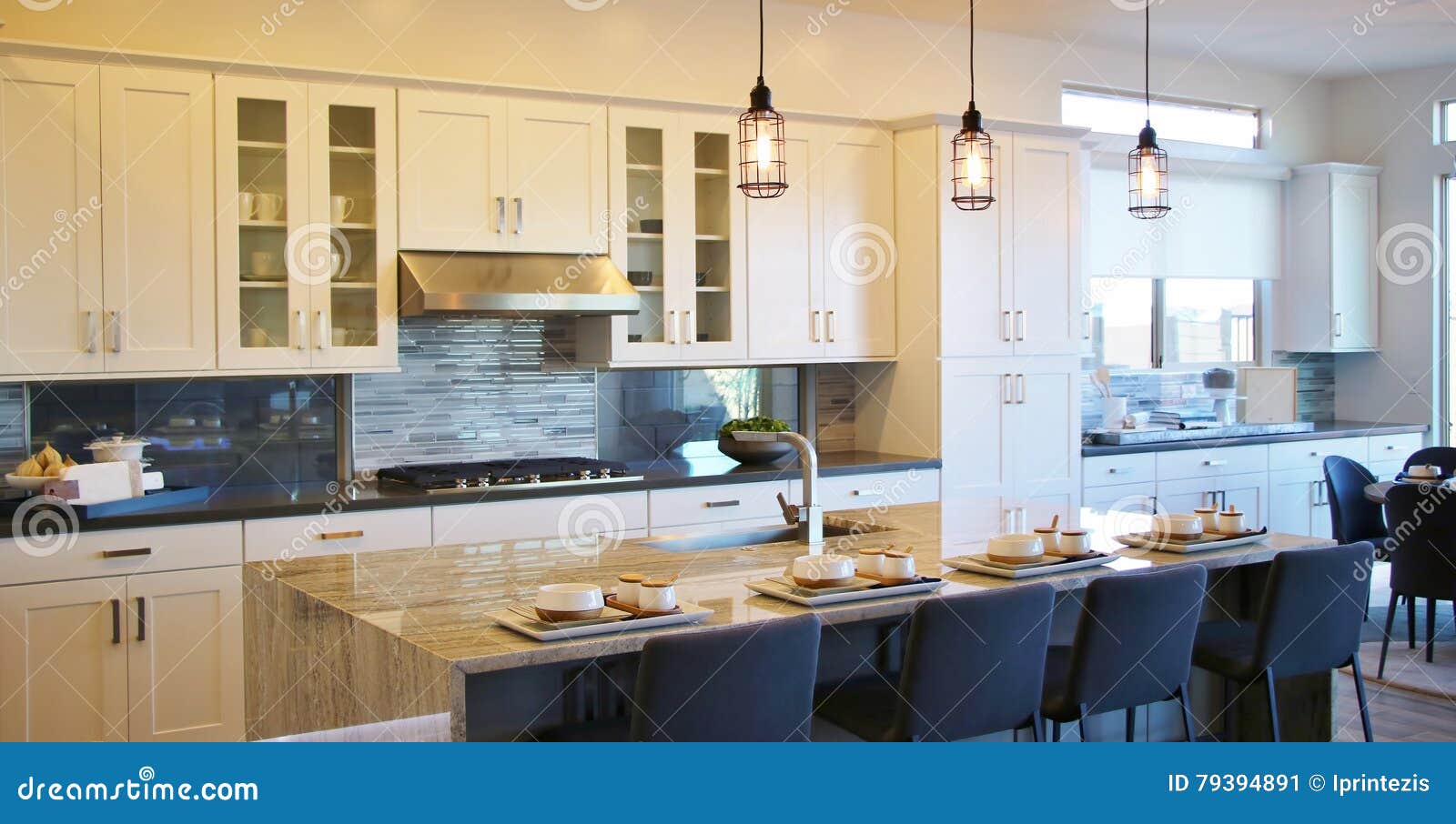 Modern Kitchen with a Breakfast Bar Stock Image - Image of dish, clean ...