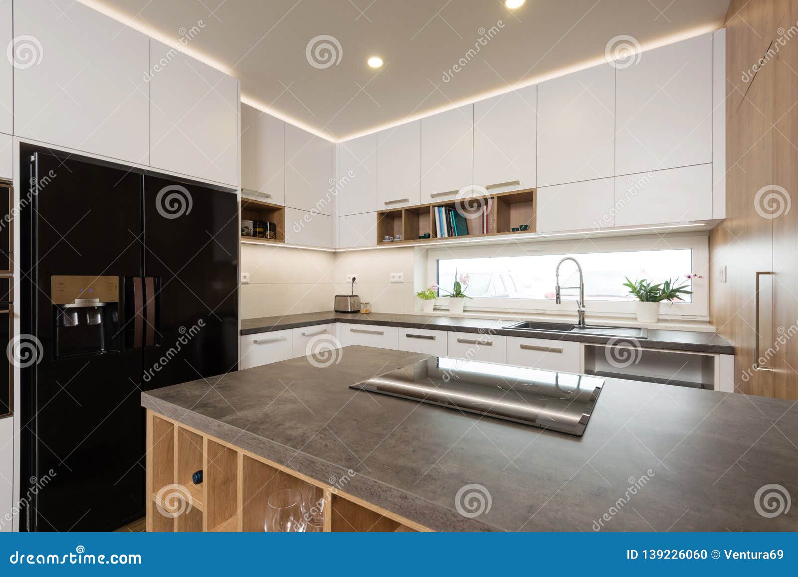 Modern Kitchen with Built-in Appliances Stock Photo - Image of house ...