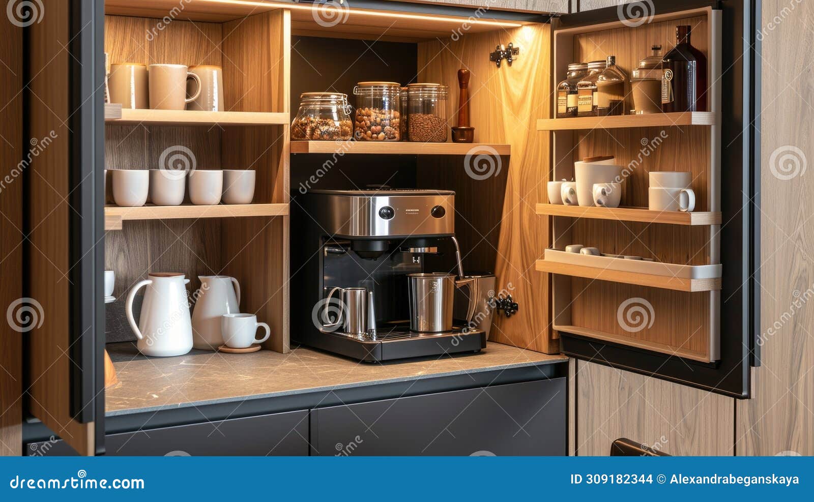 Modern Kitchen Cabinet with Built-in Espresso Machine and Assorted Jars ...