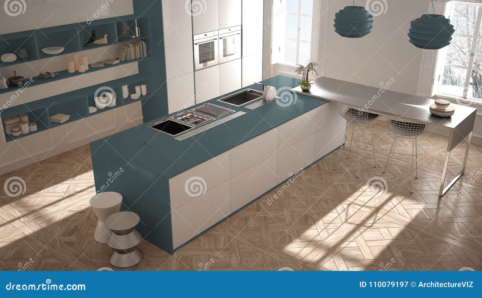 Modern Kitchen in Classic Interior, Island with Stools and Two Big ...