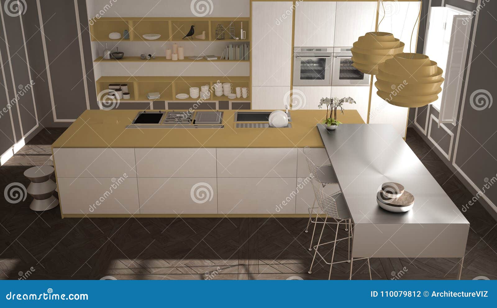 Modern Kitchen in Classic Interior, Island with Stools and Two Big ...