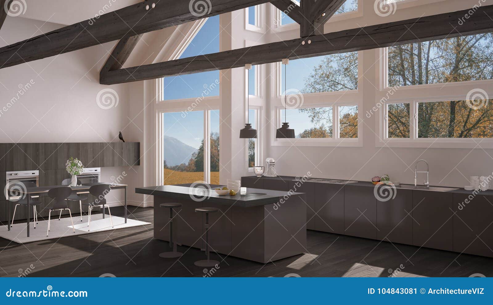 Modern Kitchen in Classic Villa, Loft, Big Panoramic Windows on Stock ...