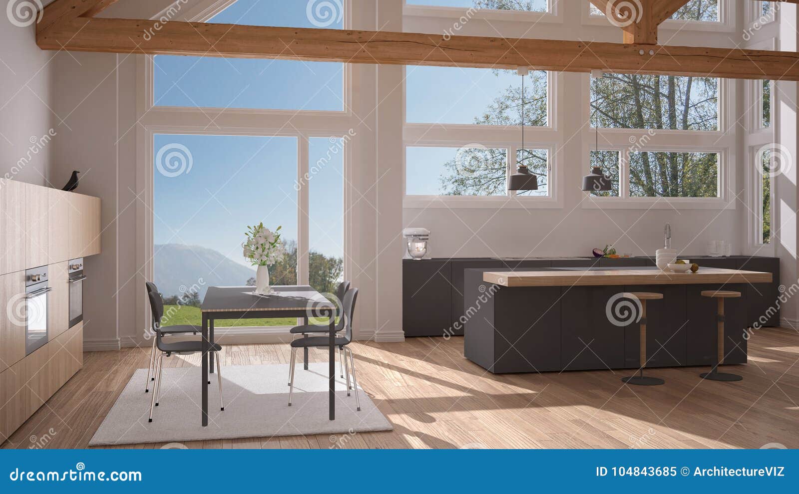 Modern Kitchen in Classic Villa, Loft, Big Panoramic Windows on Stock ...