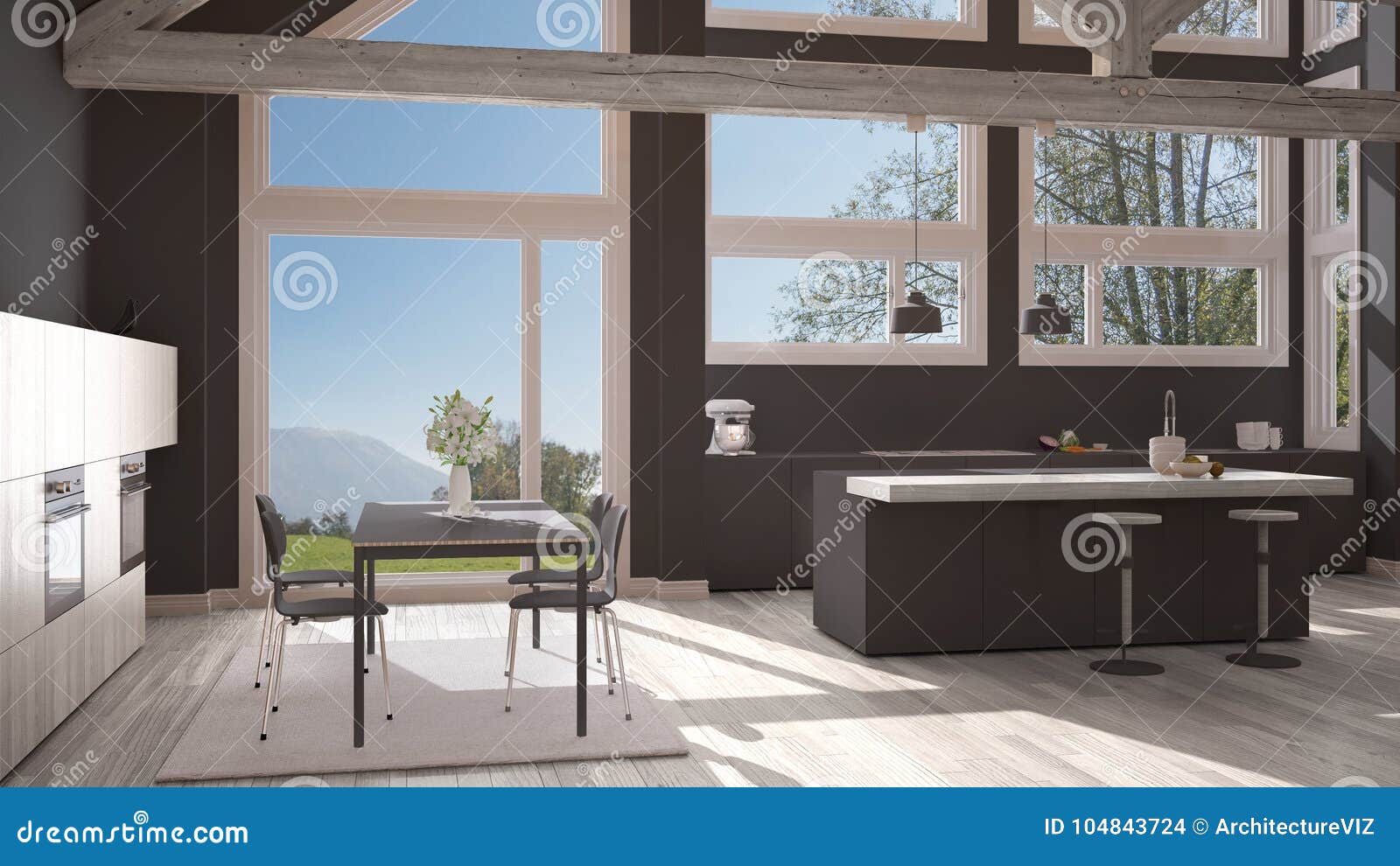Modern Kitchen In Classic Villa, Loft, Big Panoramic Windows On Stock ...