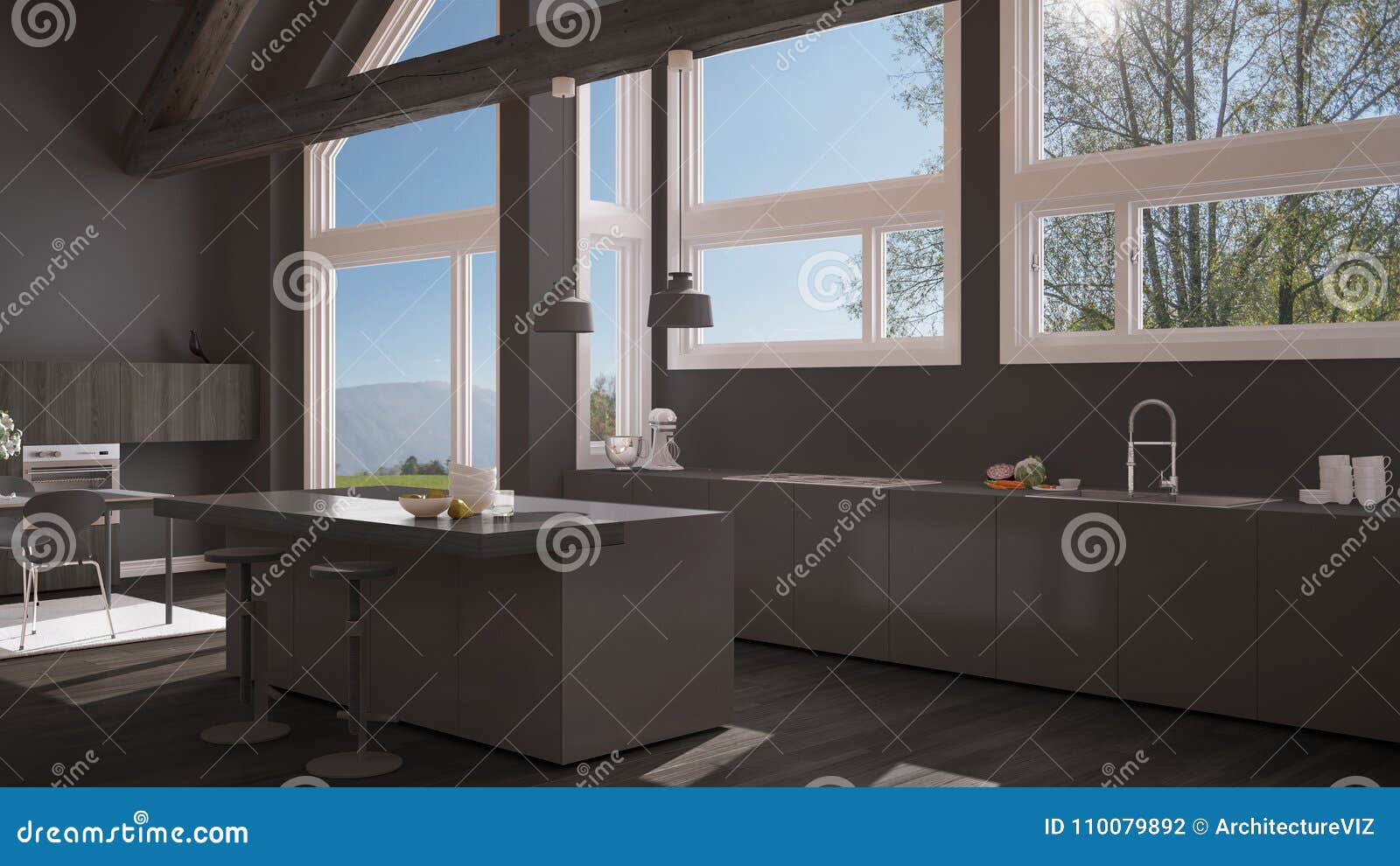 Modern Kitchen in Classic Villa, Loft, Big Panoramic Windows on Stock ...