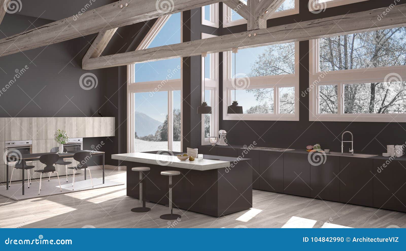 Modern Kitchen in Classic Villa, Loft, Big Panoramic Windows on Stock ...