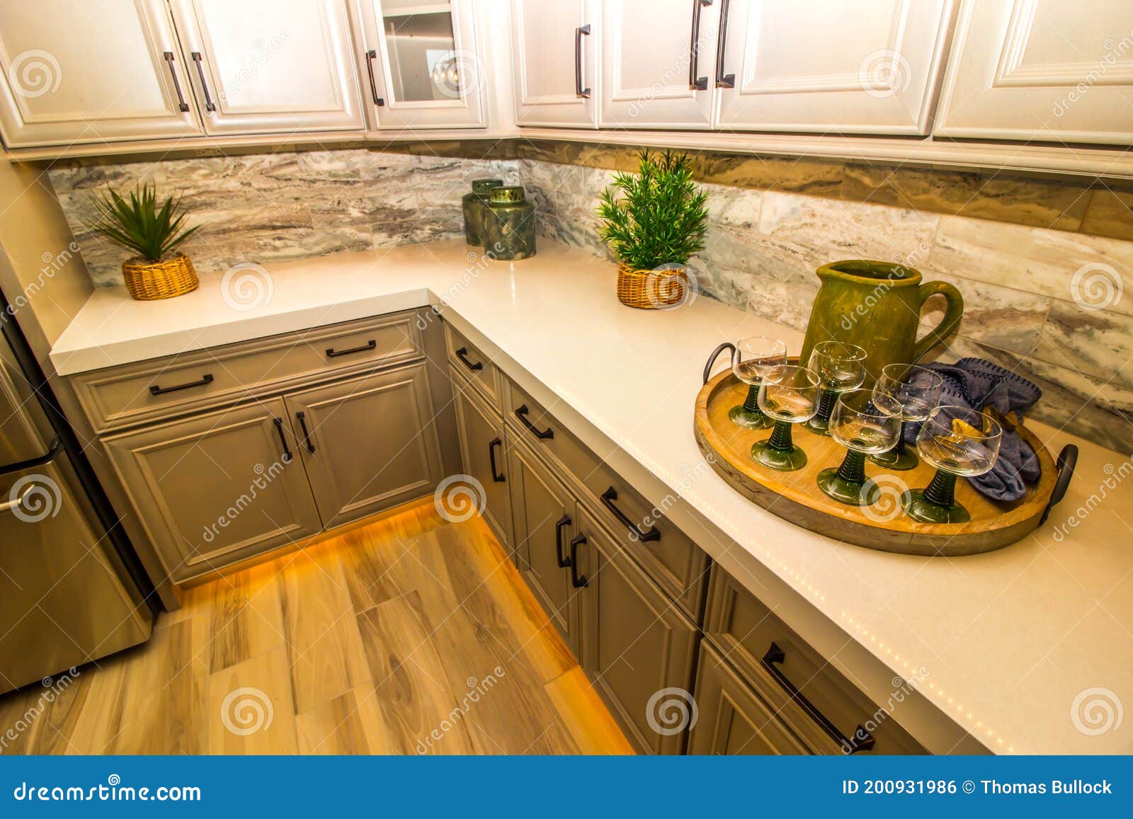 Modern Kitchen Counter with Decorator Items and Serving Tray Stock ...