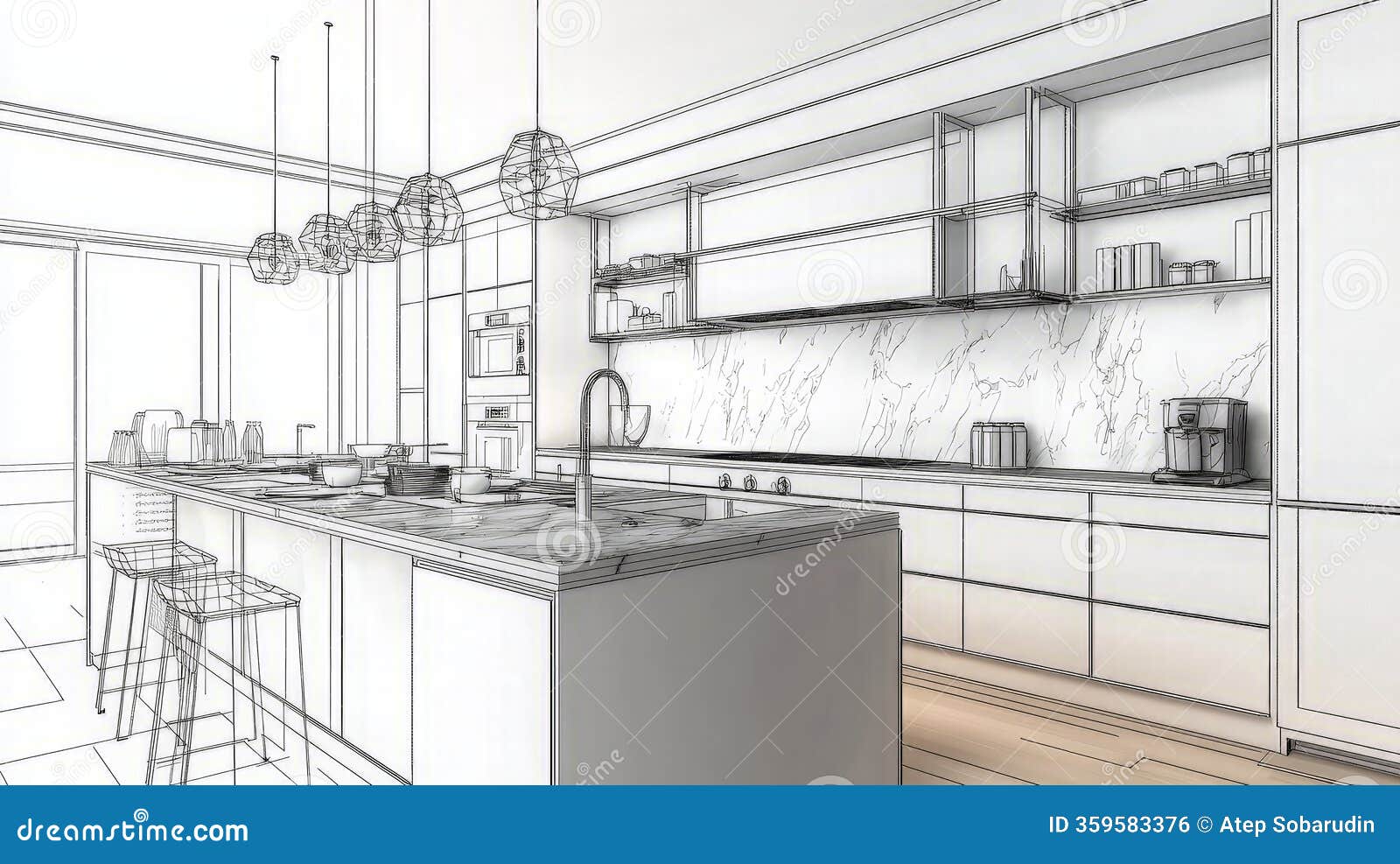 Modern Kitchen Design Blueprint, Island, Open Plan Stock Photo - Image ...
