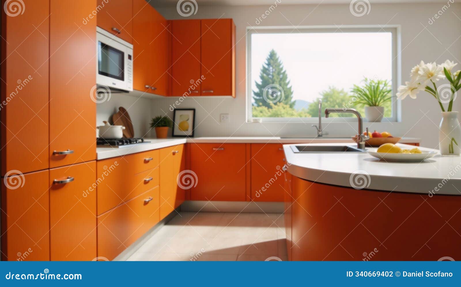 Modern Kitchen Design Featuring Orange Cabinets Curved Countertops ...