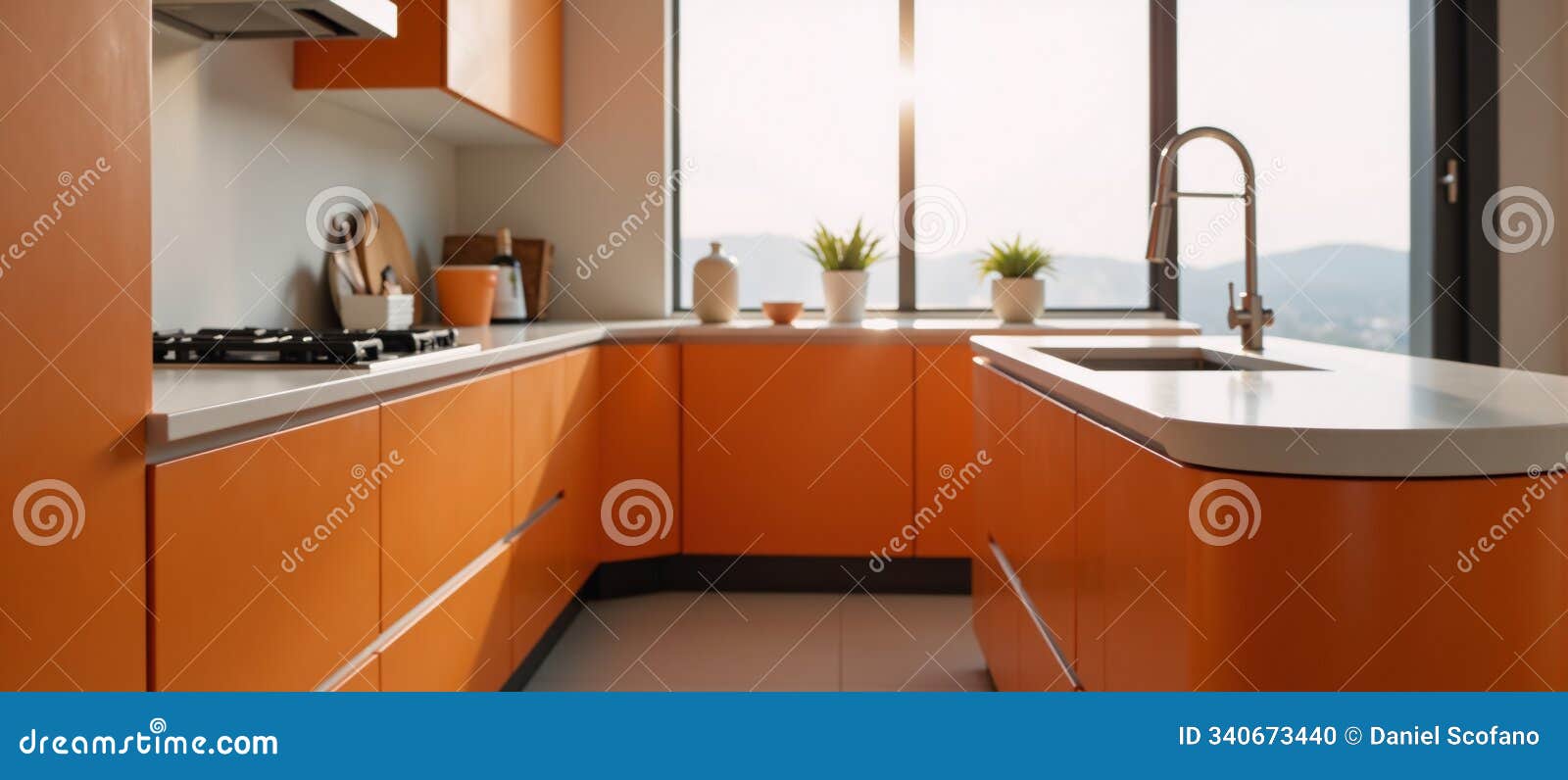Modern Kitchen Design Featuring Orange Cabinets Curved Countertops ...