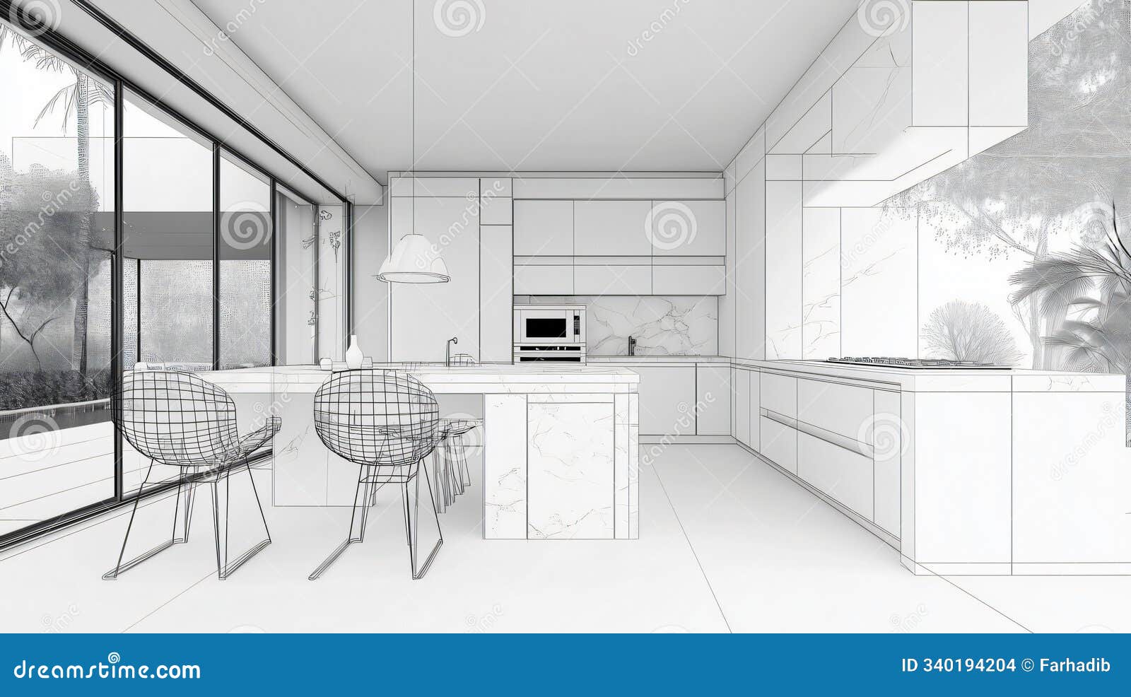 Modern Kitchen Design with Island and Garden View Showing Technical ...