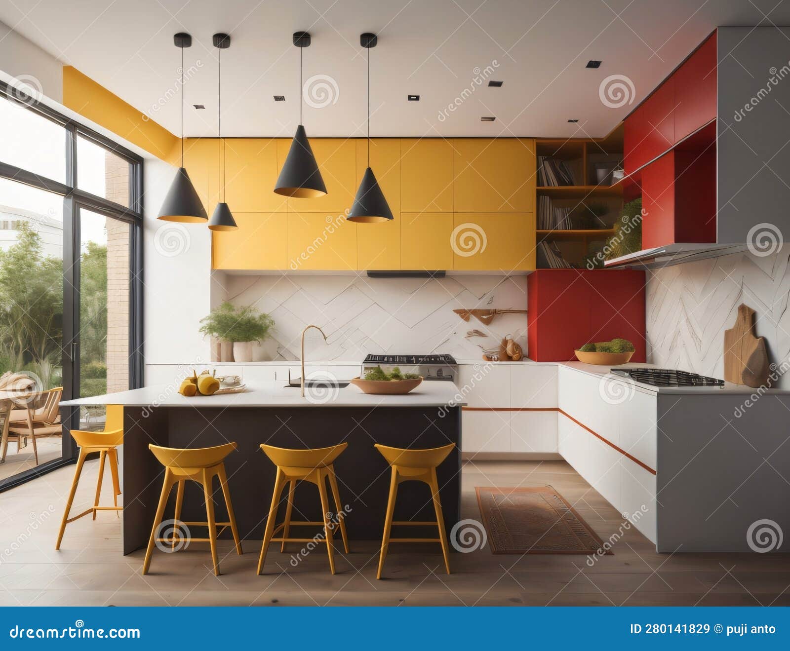 Modern Kitchen Design in Yellow and Equipped with Glass Walls Stock ...