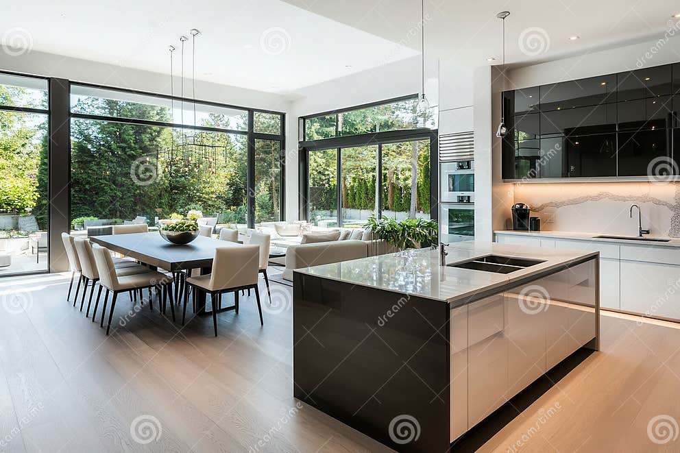 Modern Kitchen and Dining Area with Large Windows and a View of ...