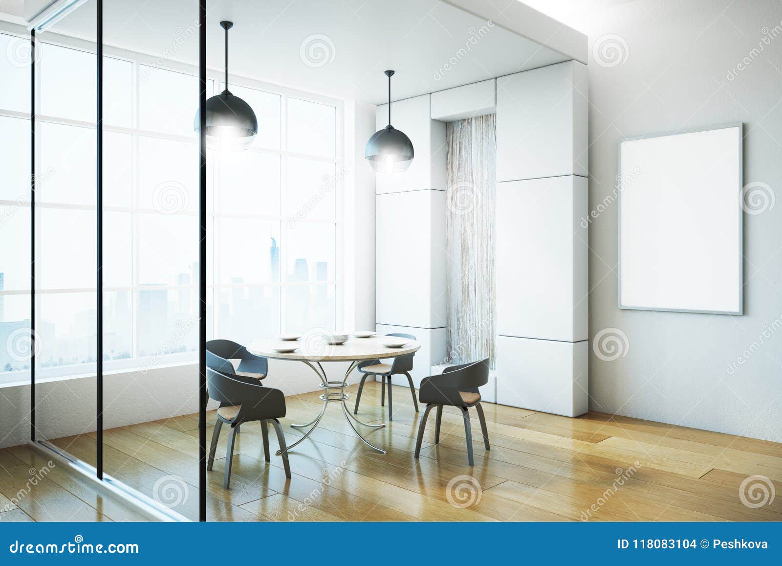 Modern Kitchen Dining Area with Poster Stock Illustration ...