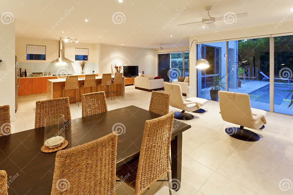 Modern Kitchen, Dining and Living Room Stock Photo - Image of living ...