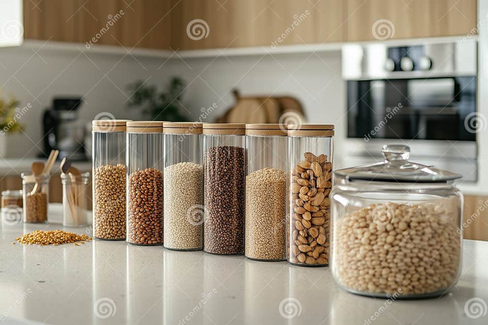A Modern Kitchen Display Featuring Jars of Various Grains and Nuts for ...