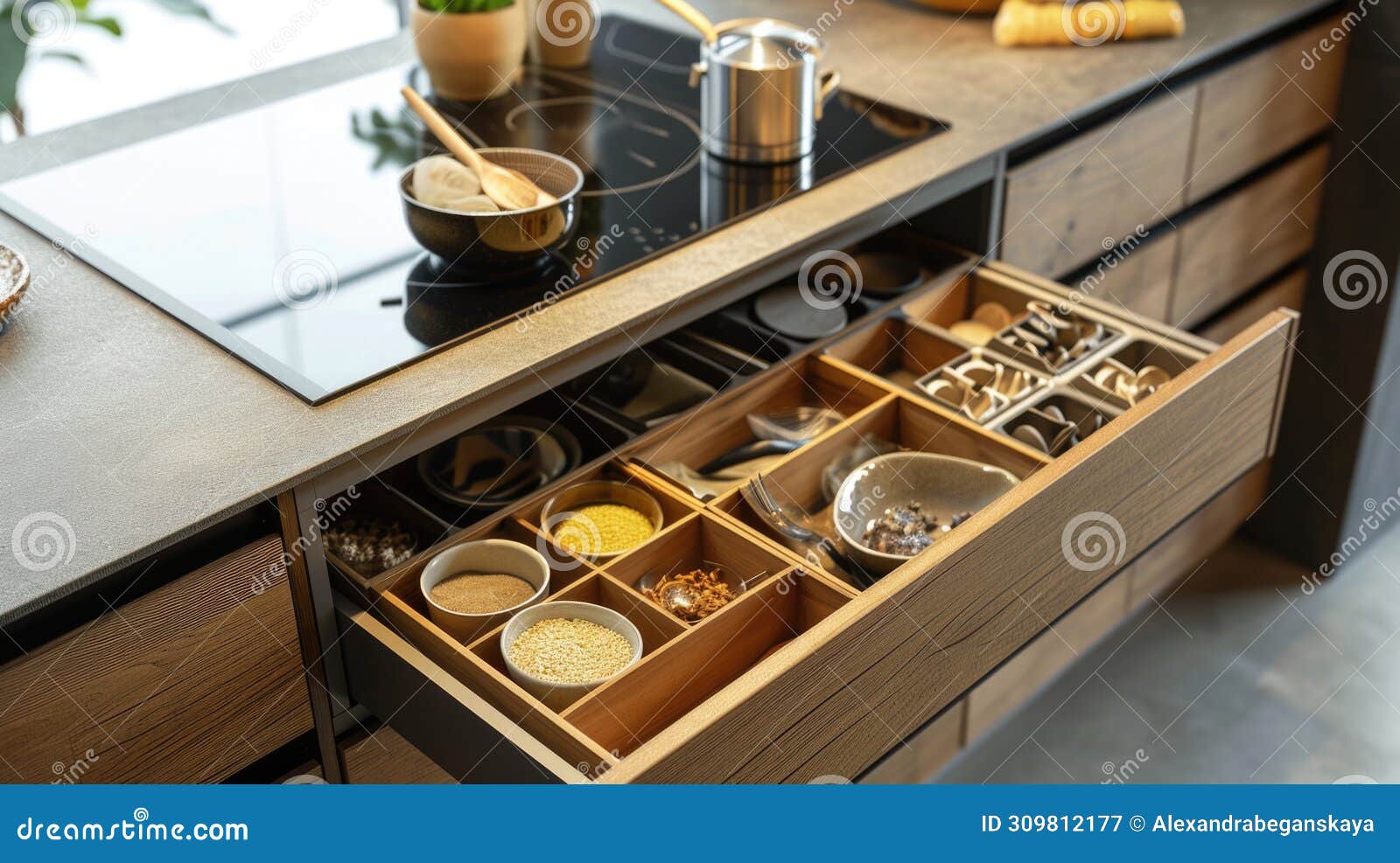 Modern Kitchen Drawer Organization with Various Spices and Utensils ...