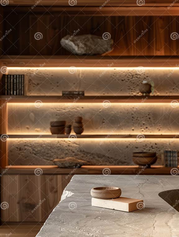 Modern Kitchen with Elegant Wooden Elements and Ambient Lighting. Stock ...