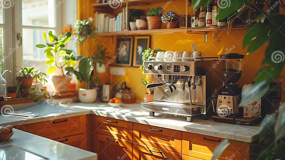 Modern Kitchen Espresso Machine with Sunlight Streaming through Window ...