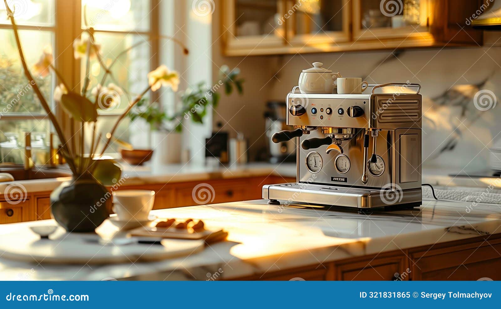 Modern Kitchen Espresso Machine with Sunlight Streaming through Window ...