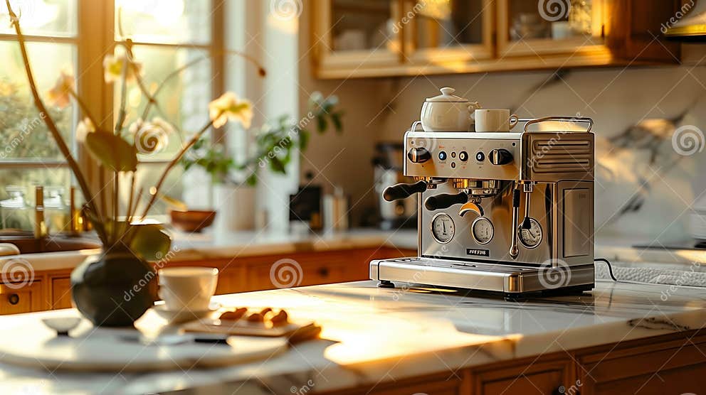 Modern Kitchen Espresso Machine with Sunlight Streaming through Window ...
