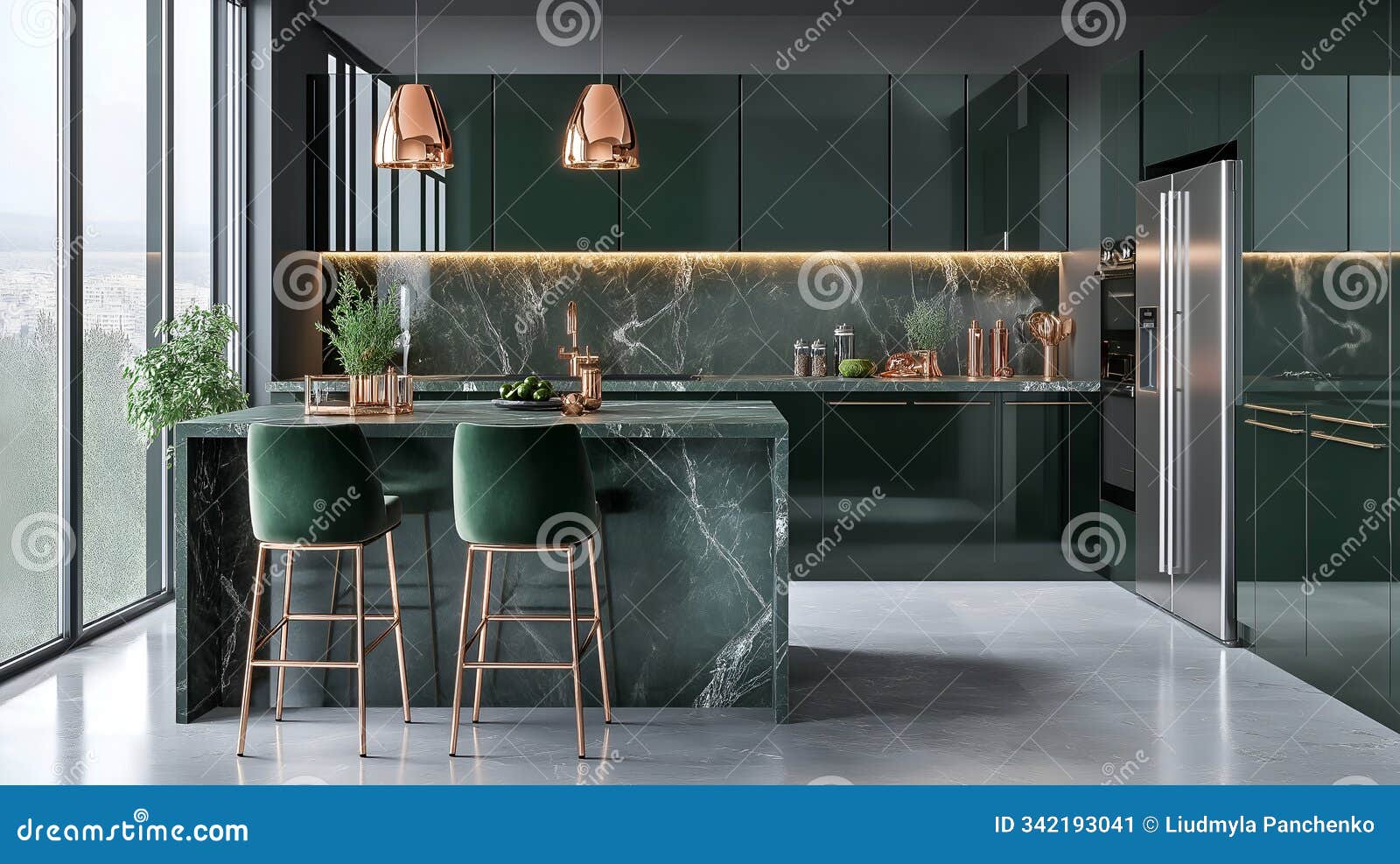 Modern Kitchen Featuring Color Palette of Emerald Stock Image - Image ...