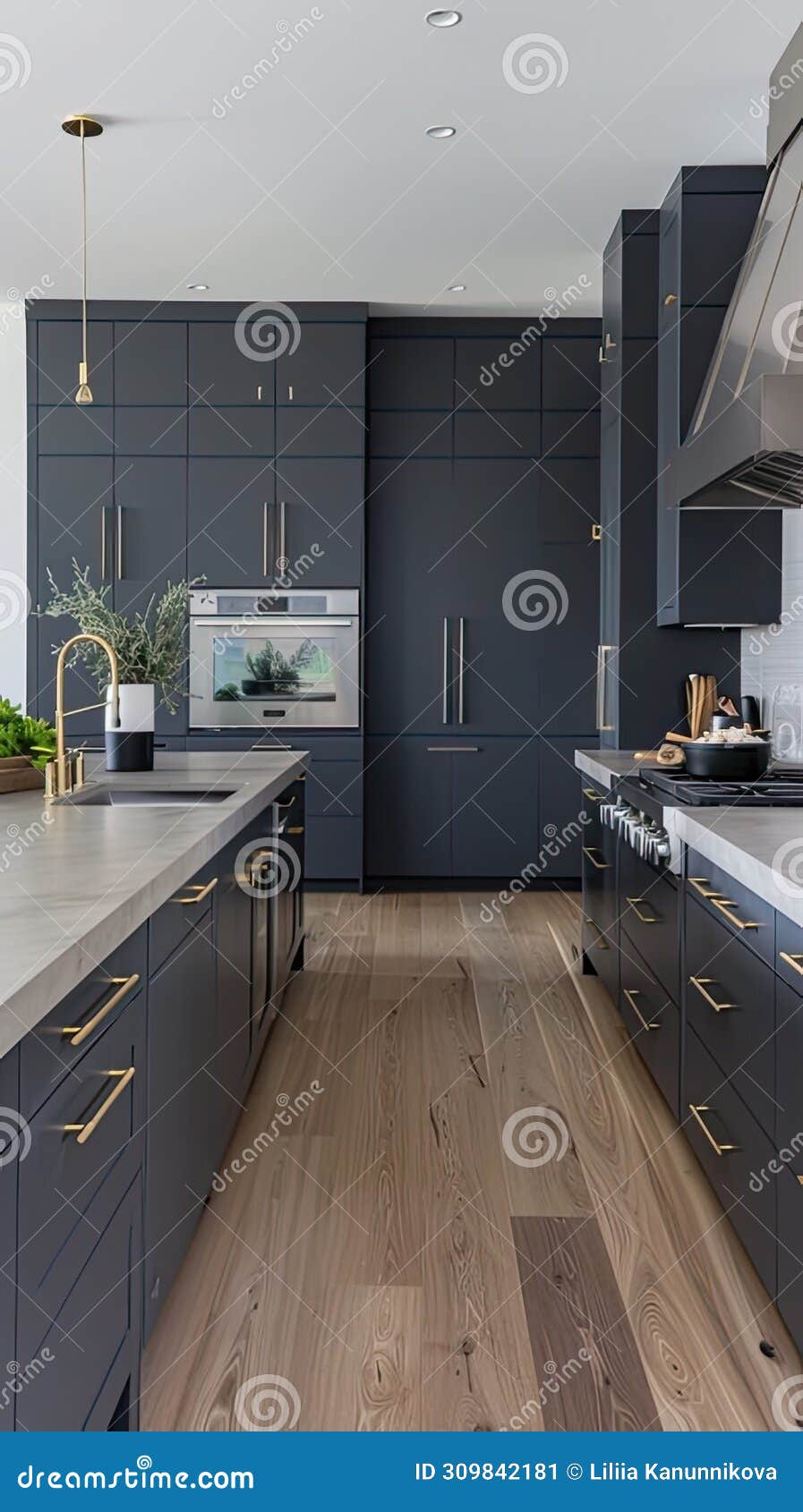 A Modern Kitchen Featuring Slate Dull Navy Cabinets, Complemented by ...