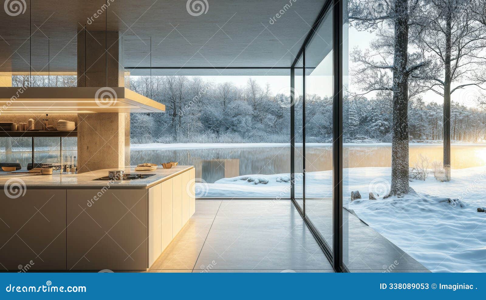 Modern Kitchen with Floor-to-Ceiling Windows Overlooking a Snowy Winter ...