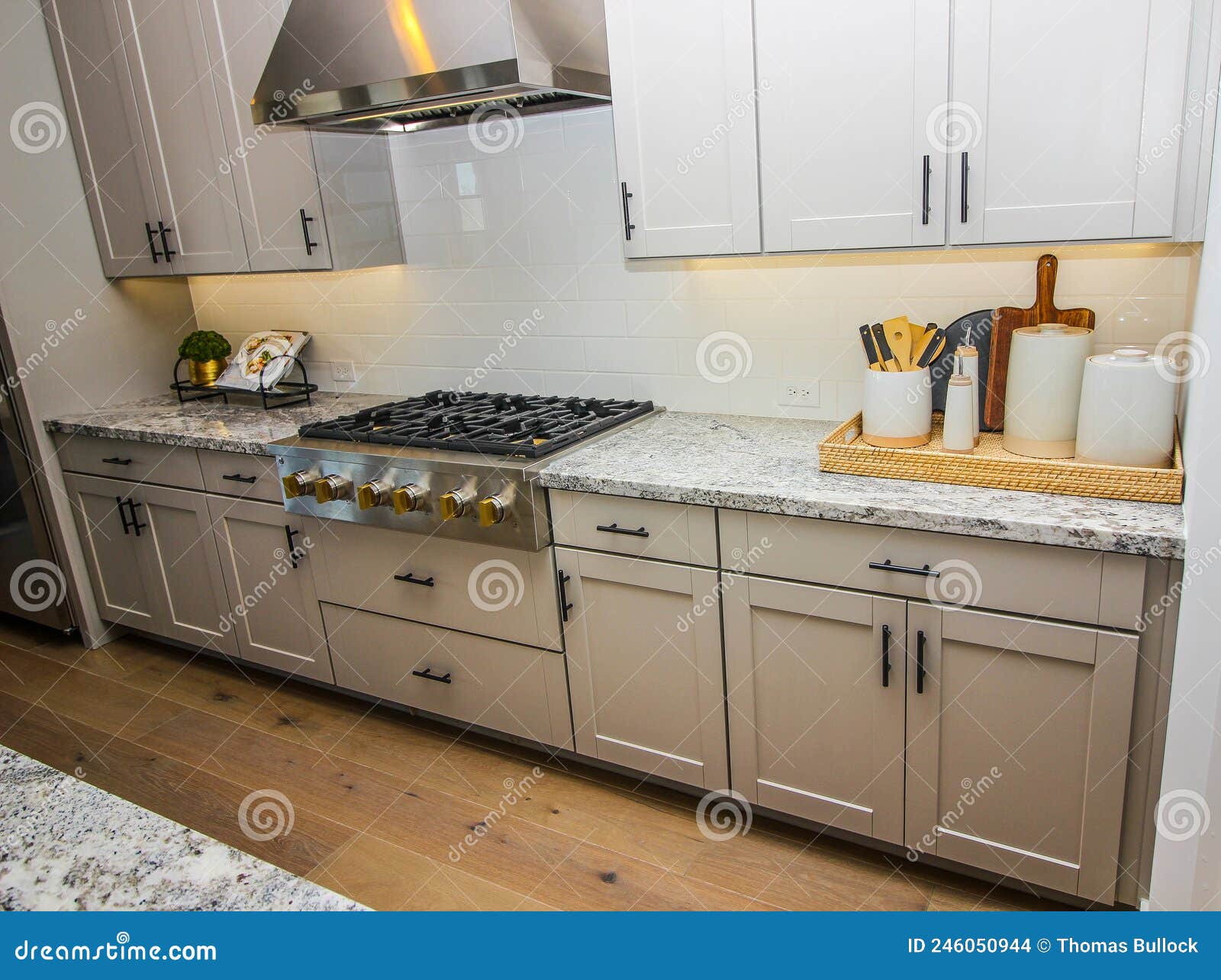 Modern Kitchen with Gas Cook Top Insert Stock Photo - Image of cabinets ...