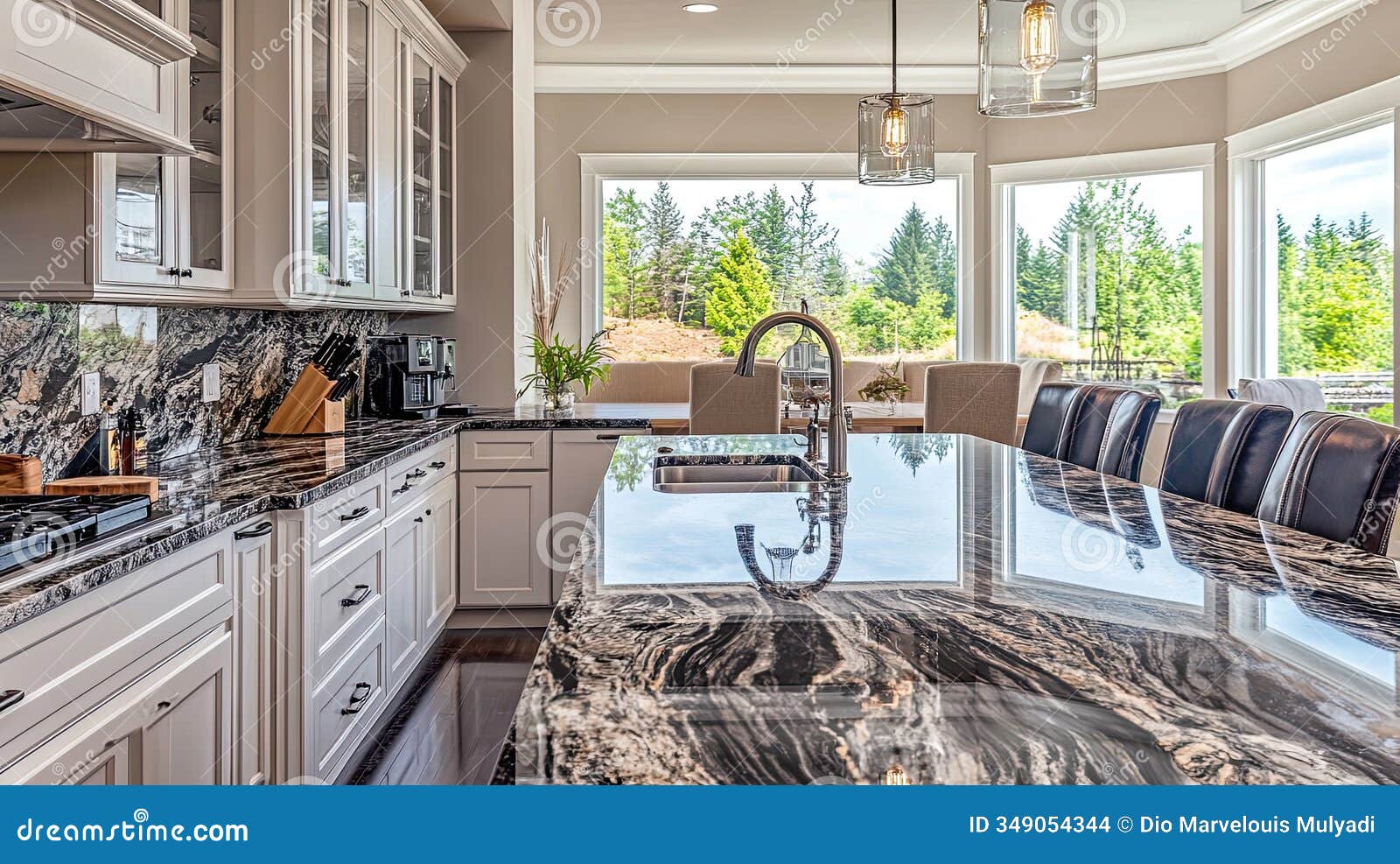 Modern Kitchen with Granite Countertop and Large Windows Stock Photo ...